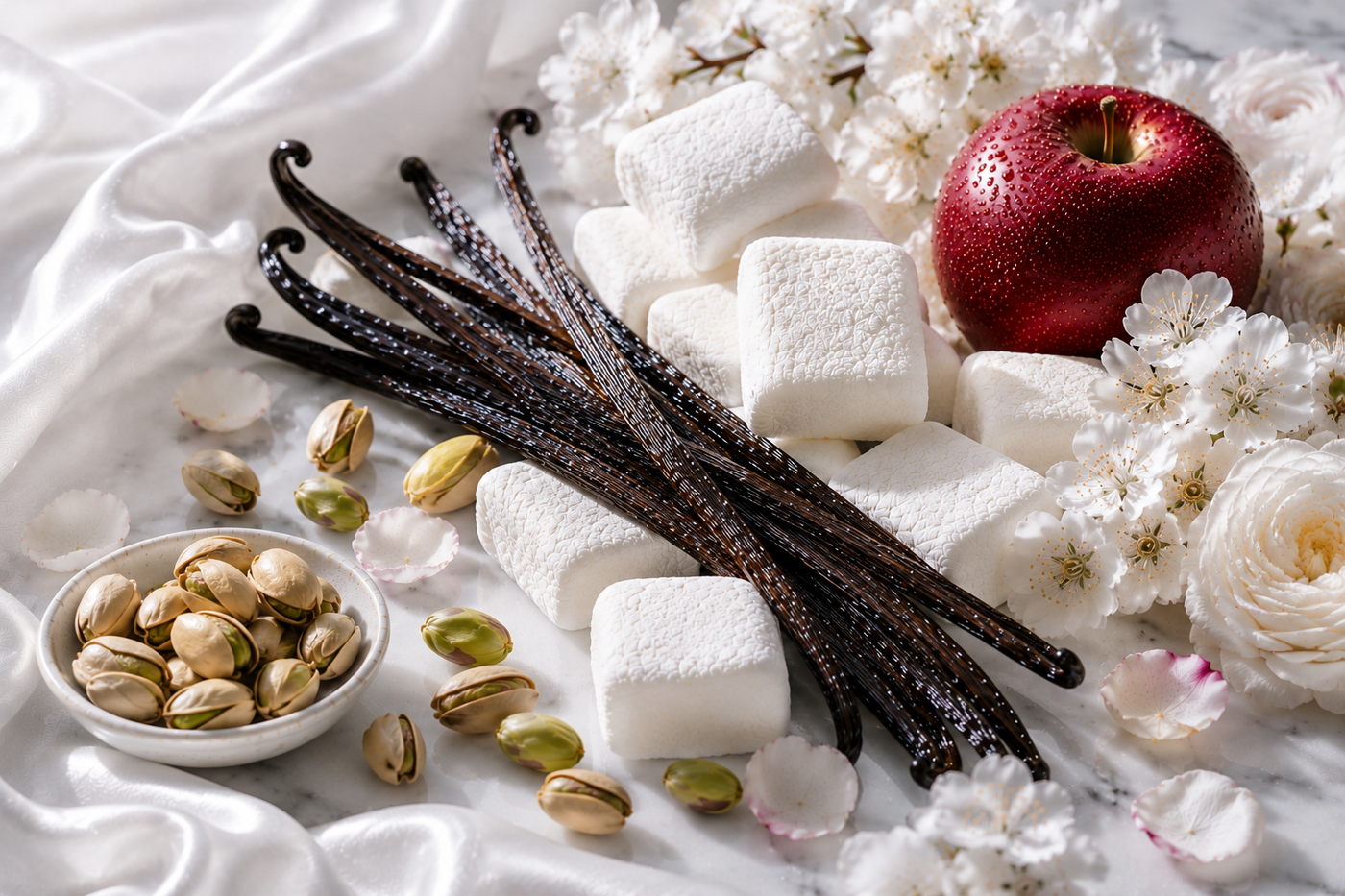 Luxury editorial fragrance composition featuring vanilla, marshmallow ...